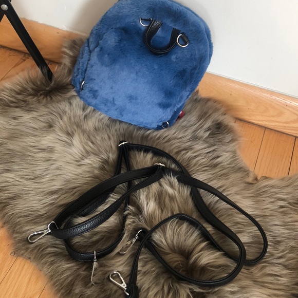 THINK VINTAGE | Bags | Blue Fur Mini Backpack With Zipper Closure Nwt ...